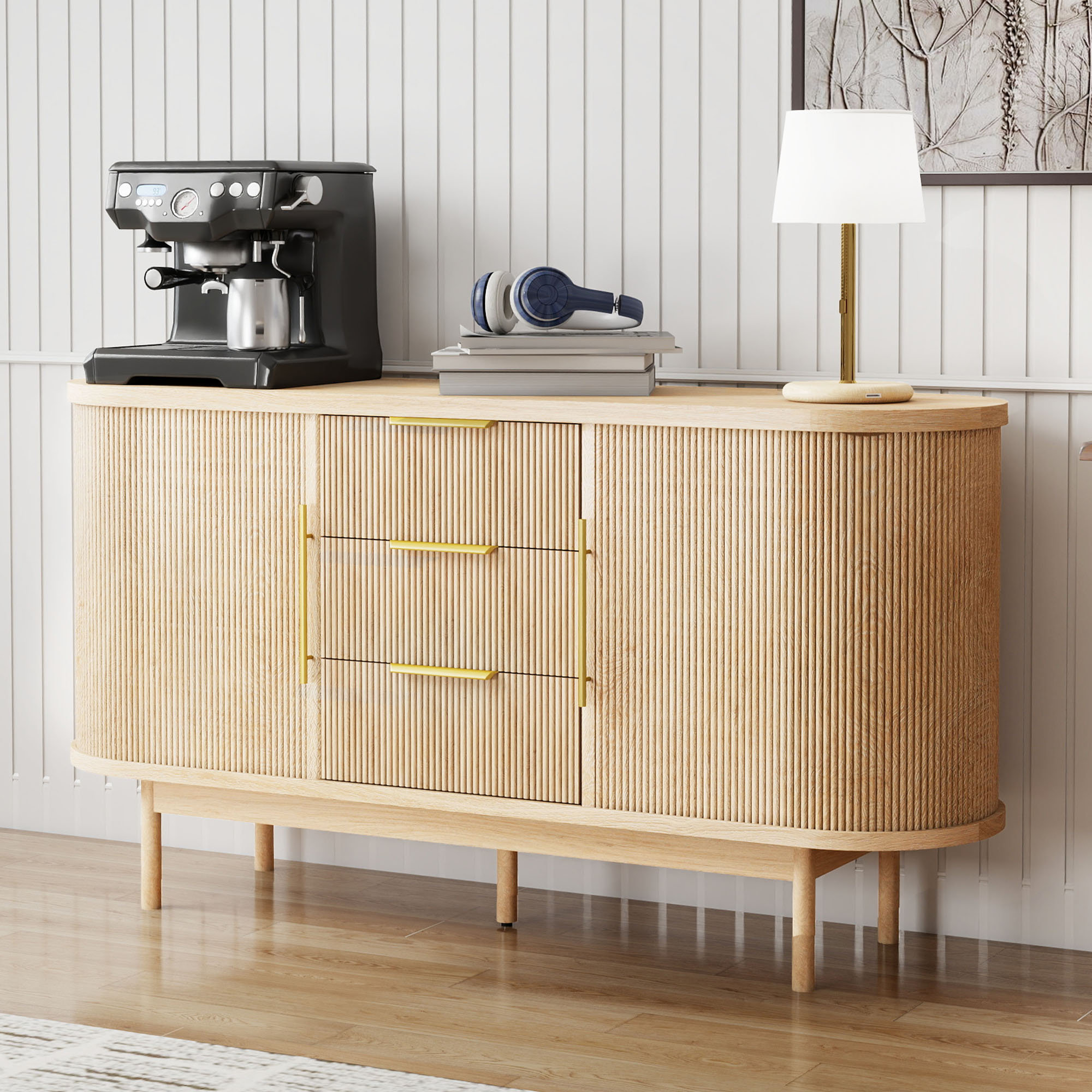 Ebern Designs 55" Sideboard Storage Cabinet, TV Stand With Fluted Sliding Doors And 3 Drawers ...